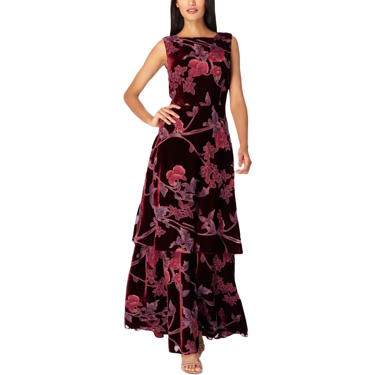 Tahari Asl Womens Red Velvet Floral Sleeveless Evening Dress Gown 14