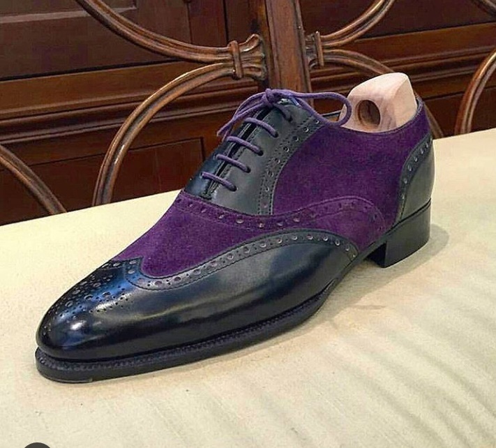 Handmade Men Two Tone Men Purple Suede Black Genuine Leather Wingtip