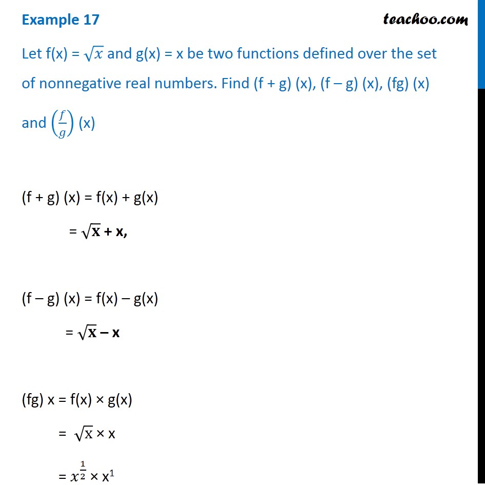 Example 17 Let Fx Root X Gx X Find F G Fg Fg