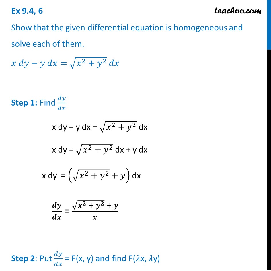 Ex 94 6 Solve Differential Equation X Dy Y Dx Root X2 Y2 Dx