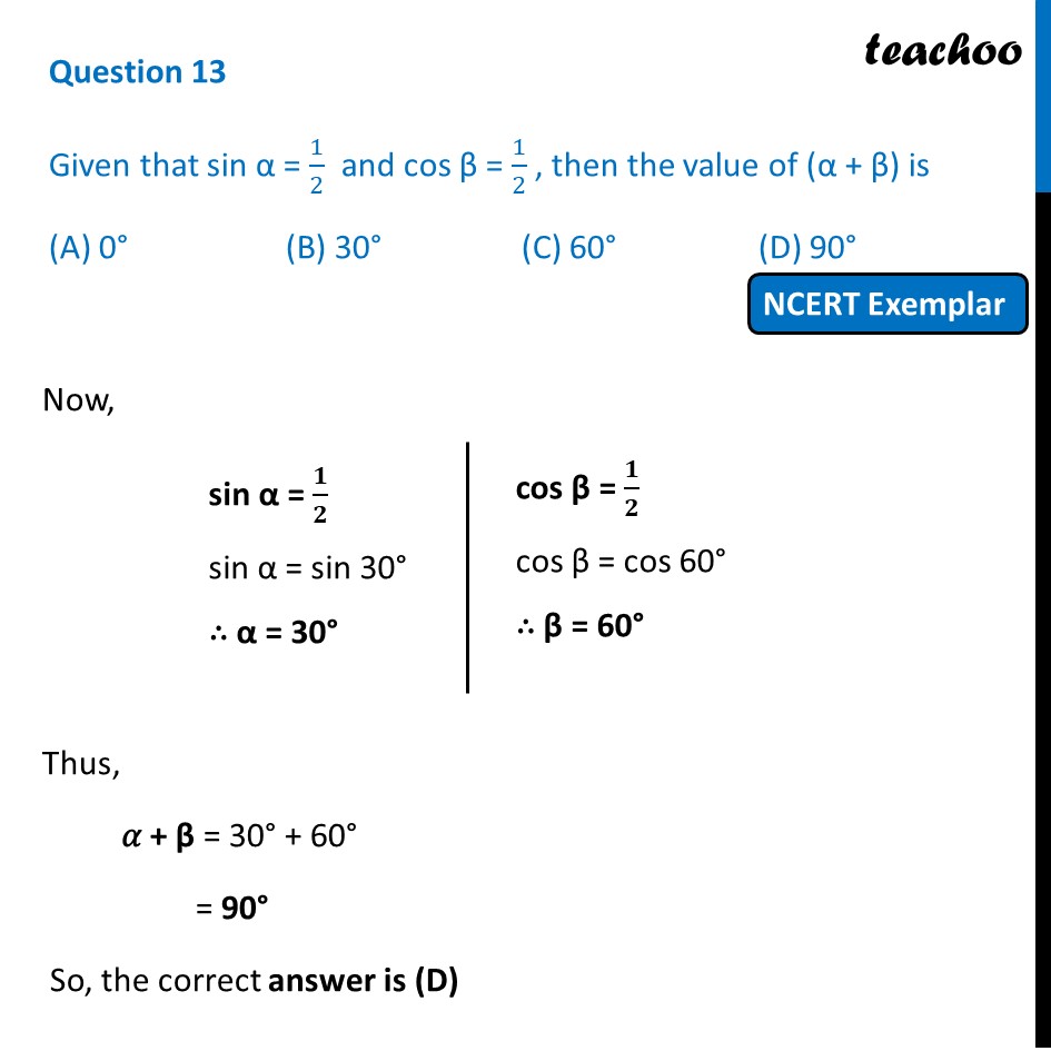 Mcq Given Sin α 12 And Cos β 12 Then Value Of α β Is