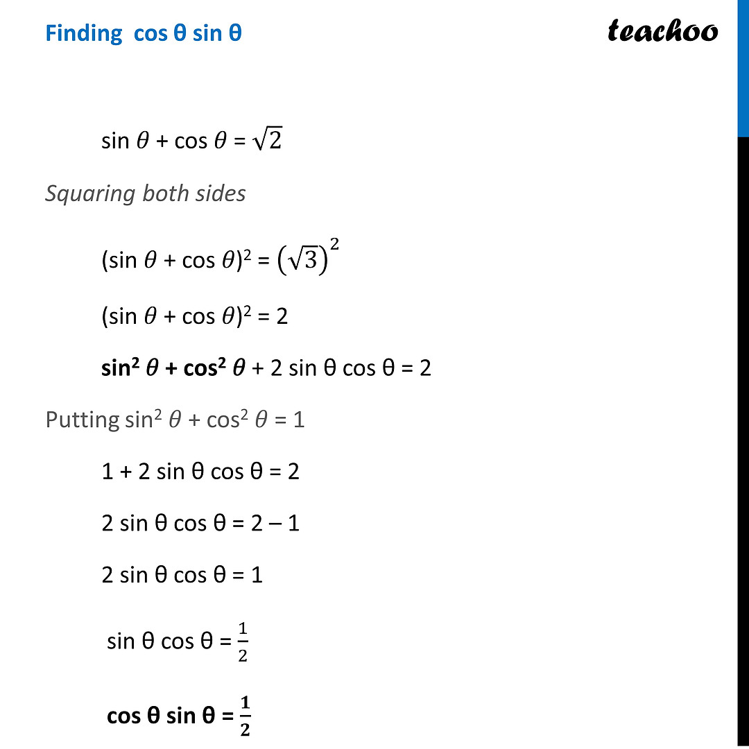 Mcq Class 10 If Sinθ Cosθ √2 Then Tanθ Cot θ