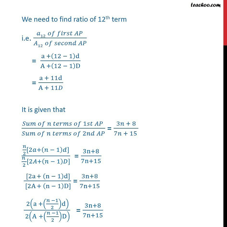 Question 3 Sum Of N Terms Of Two Aps Are In Ratio 3n 8