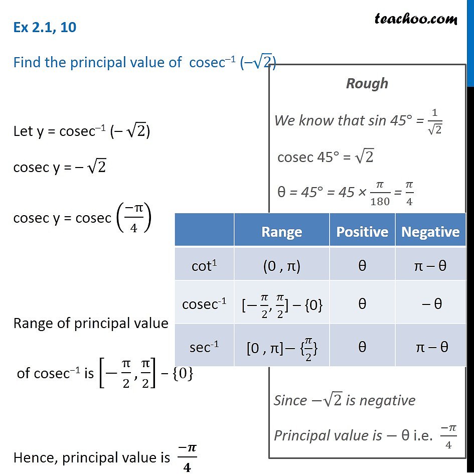 Ex 21 10 Find Principal Value Of Cosec 1 Root 2 Ex 21