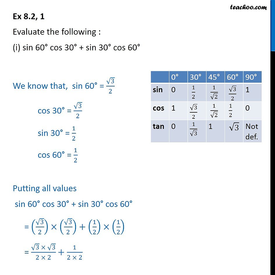 Ex 82 1 Class 10 Evaluate I Sin 60° Cos 30° Sin 30° Cos 60°