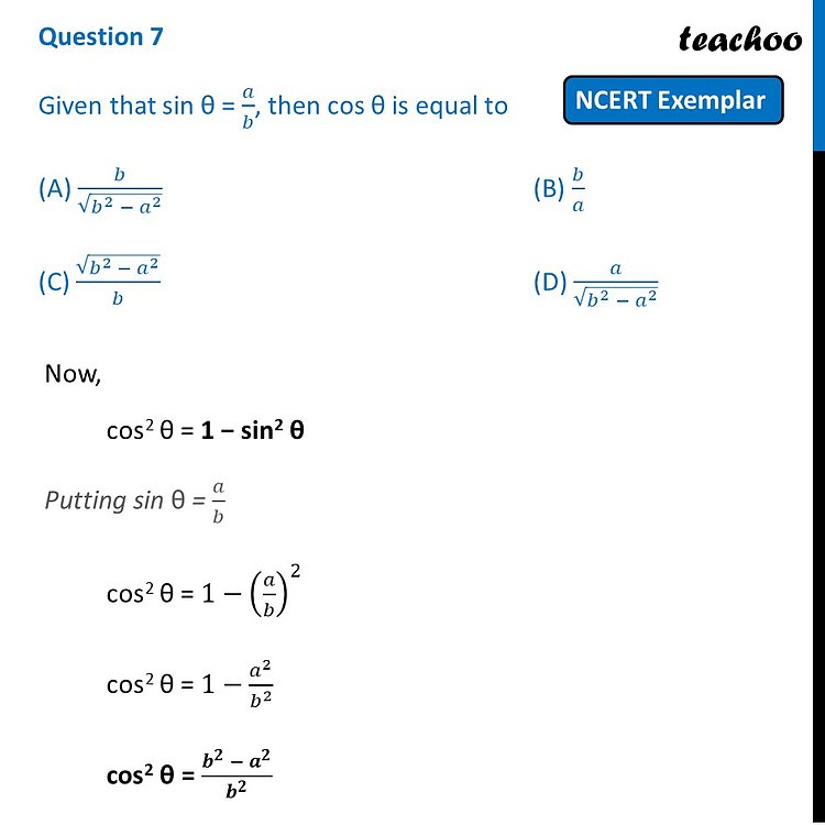 Mcq Class 10 Boards Given That Sin θ Ab Then Cos θ Is Equal