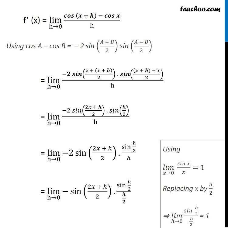 Ex 122 10 Find Derivative Of Cos X From First Principle Teachoo