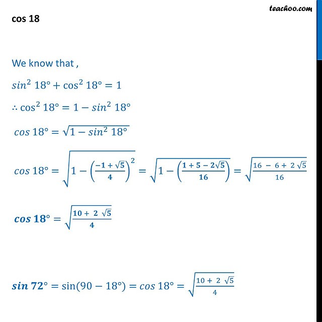 Find Values Of Sin 18° Cos 18° Cos 36° Sin 36° Sin 54° Cos 54°