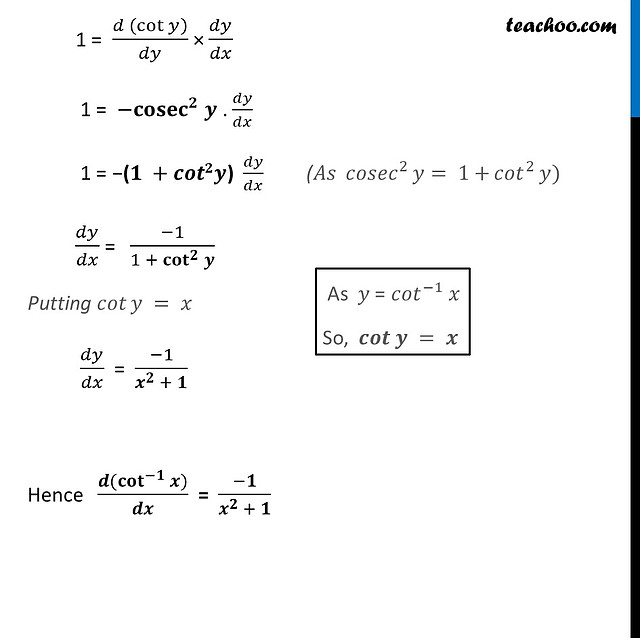 Derivative Of Cot 1 X Cot Inverse X Teachoo With Video