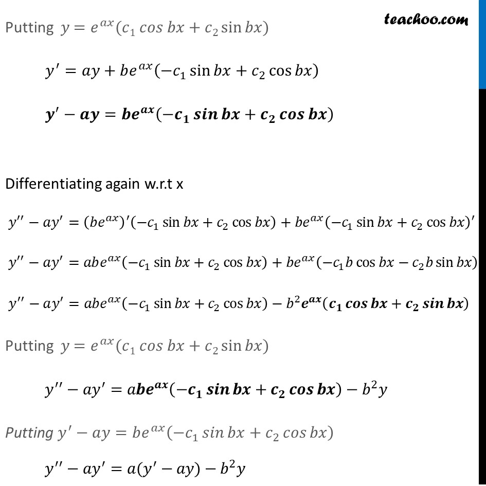 Example 19 Verify That Yc1 Eax Cos Bx C2 Eax Sin Bx