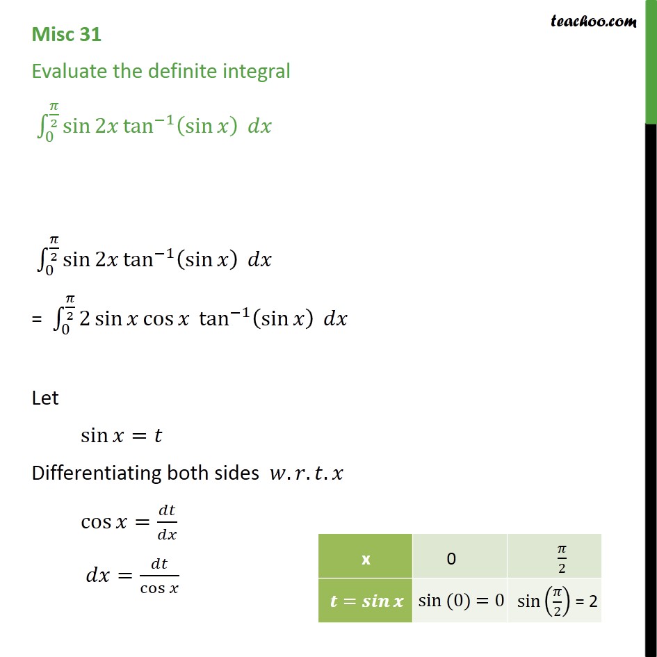 Misc 31 Definite Integral Sin 2x Tan 1 Sin X Dx Miscellaneous