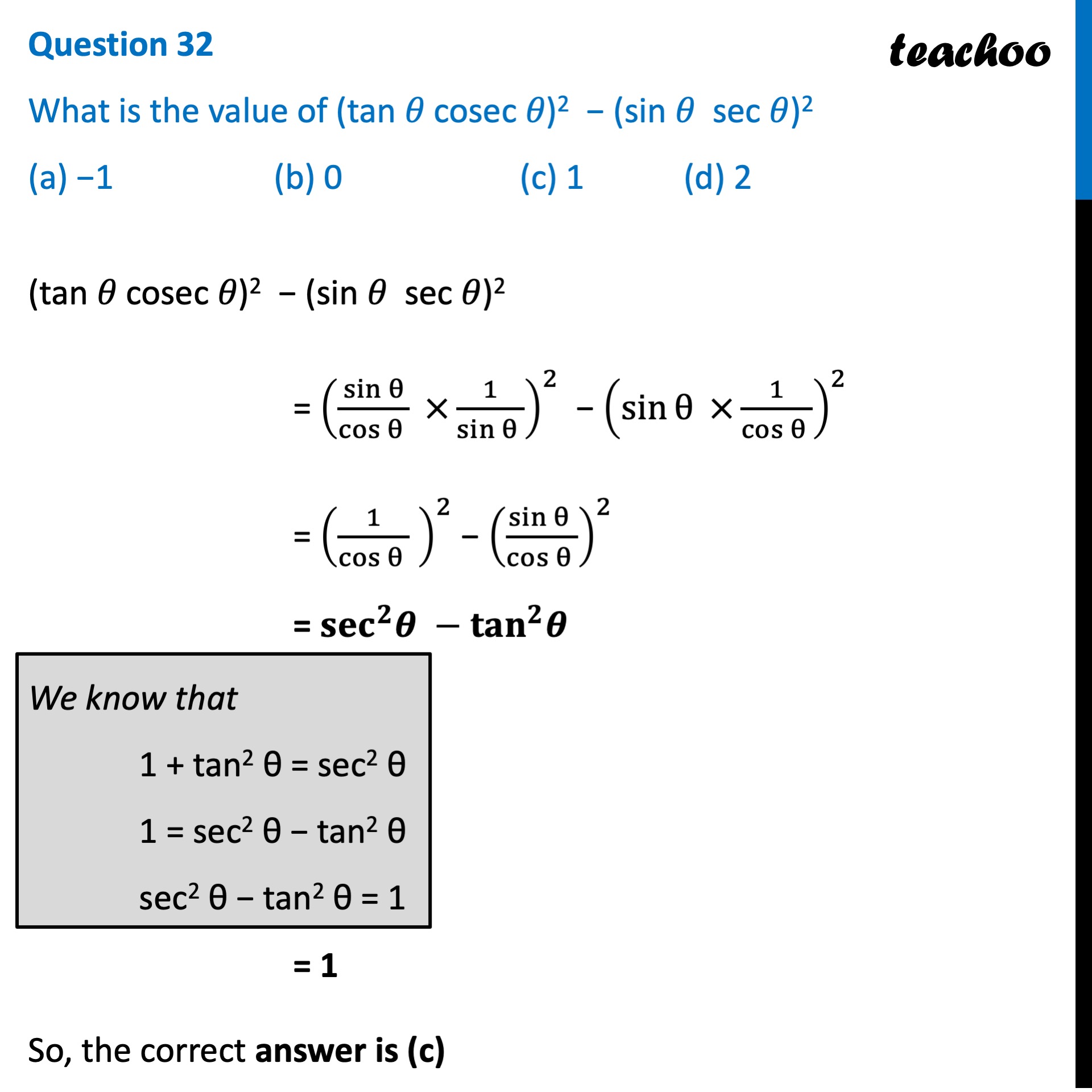 Ques 32 Mcq What Is Value Of Tan θ Cosec θ2 Sin θ Sec θ2