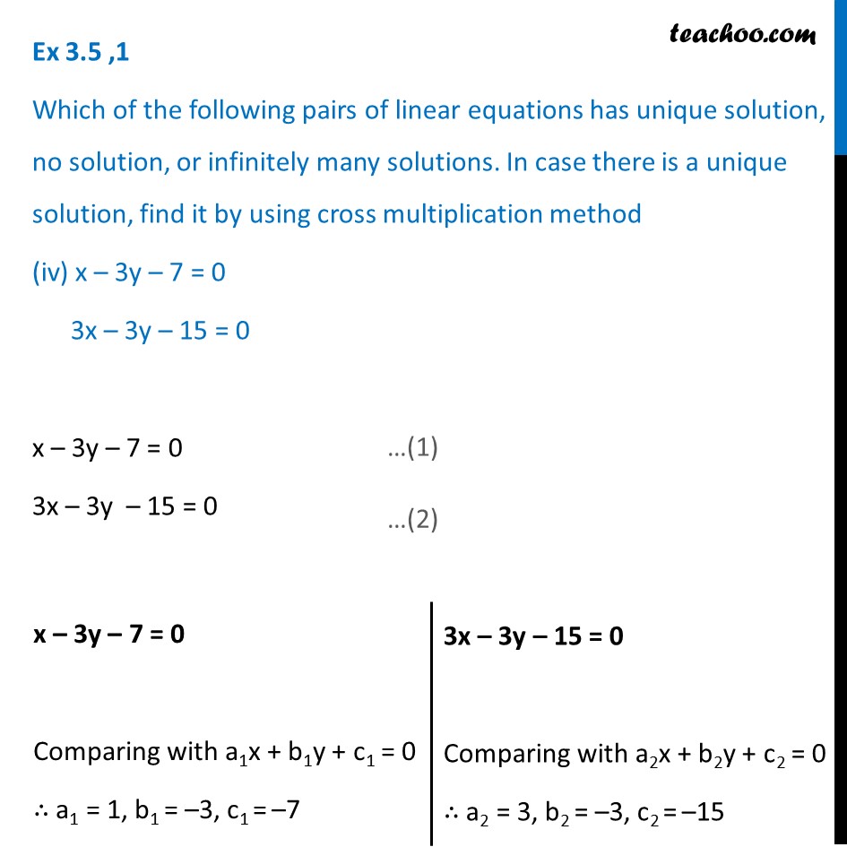 Solve X 3y 7 0 3x 3y 15 0 By Cross Multiplication Video