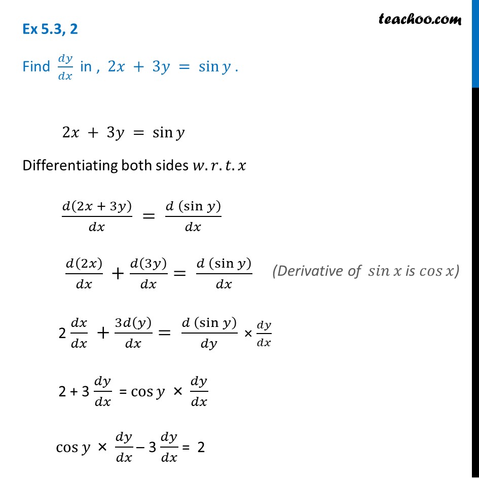 Ex 53 2 Find Dydx In 2x 3y Sin Y Class 12 Ncert