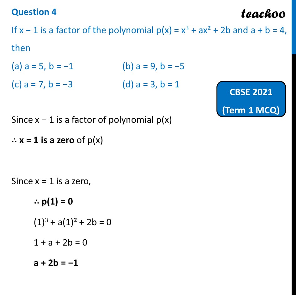 Mcq If X − 1 Is Factor Of Polynomial Px X3 Ax2 2b And Ab 4