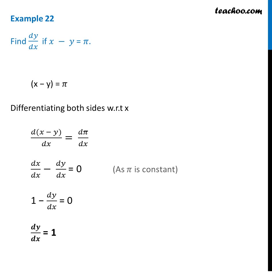 Example 22 Find Dydx If X Y Pi Chapter 5 Ncert Examples