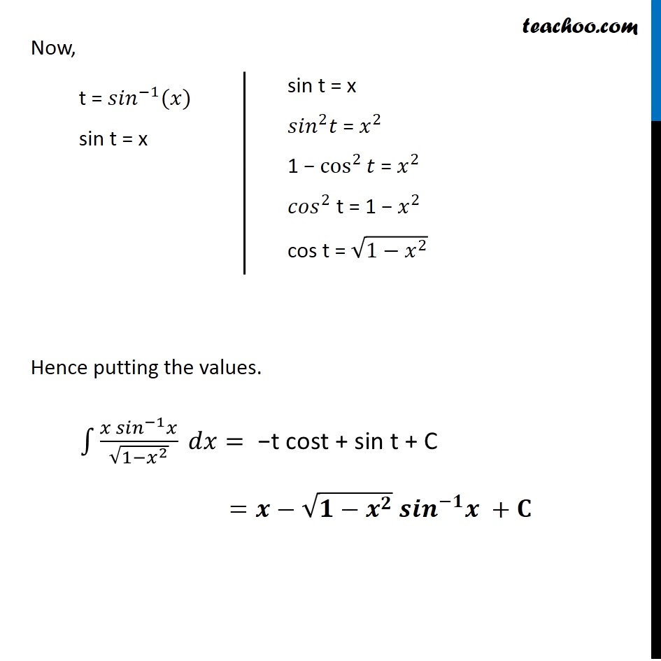 Example 20 Find Integral X Sin 1 X Root 1 X2 Dx Examples