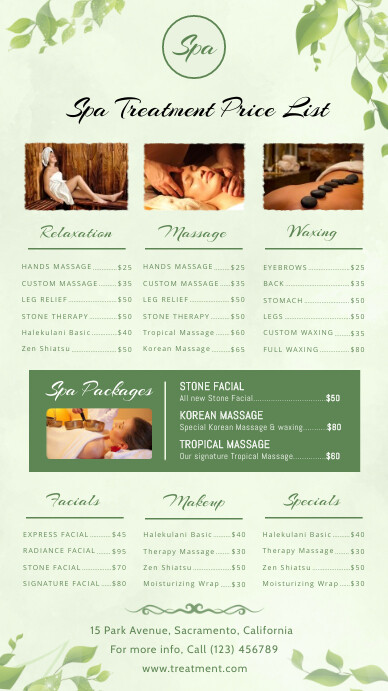 Spa Treatment Price List Digital Display Template เทมเพลต Postermywall