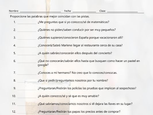 Conocer Saber Pedir And Preguntar Matching Spanish Worksheet