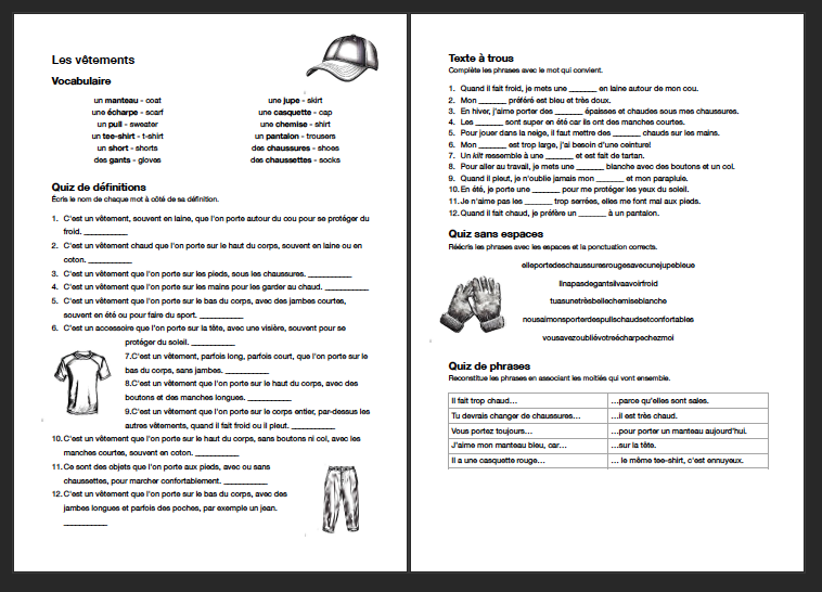 French Clothing Worksheet Les Vêtements Teaching Resources