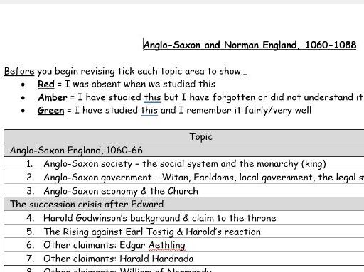 Anglo Saxons And Normans Rag Sheet Gcse History Edexcel Teaching