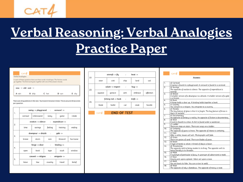 Cat4 Verbal Reasoning Verbal Analogies Practice Paper Teaching Resources