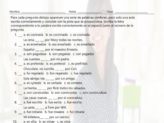Passive Versus Active Voice Spelling Challenge Spanish Worksheet