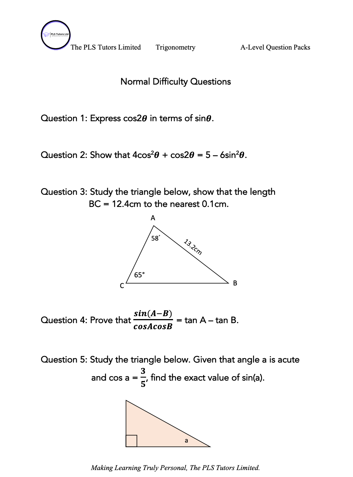 A Level Trigonometry Question Pack Teaching Resources