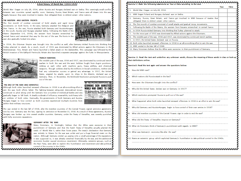 World War 1 Worksheet