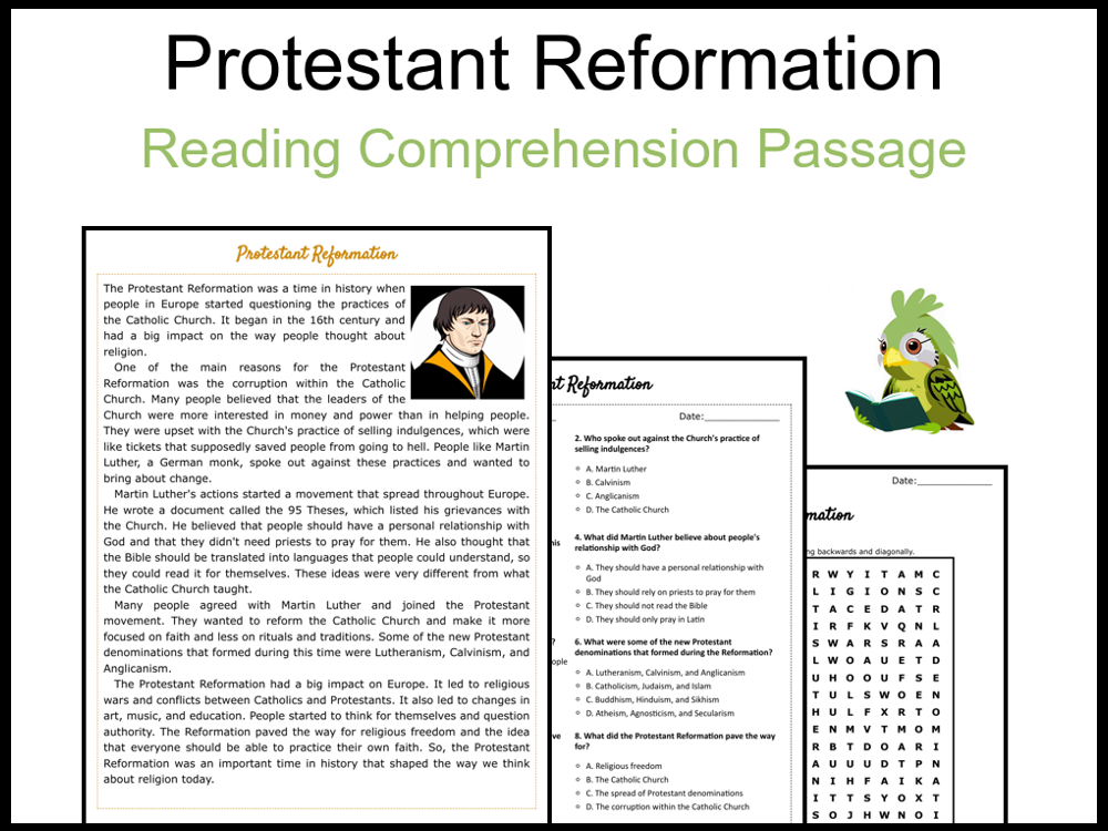 Protestant Reformation Reading Comprehension And Word Search Teaching