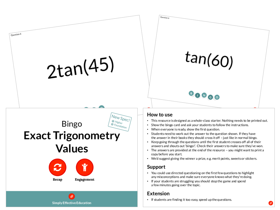 Exact Trigonometry Values Bingo Teaching Resources