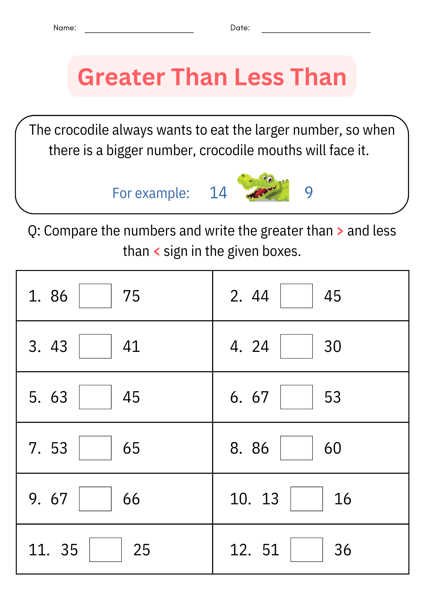 Comparing Numbers To 100 Greater Than Less Than Worksheets For