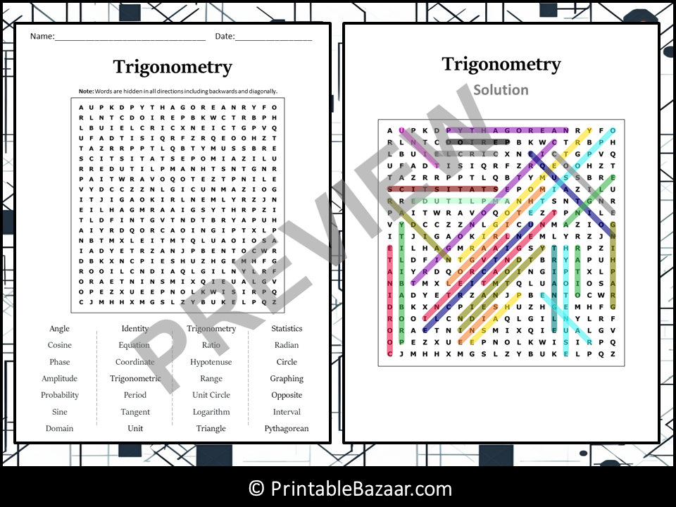Trigonometry Word Search Puzzle Worksheet Activity Teaching Resources
