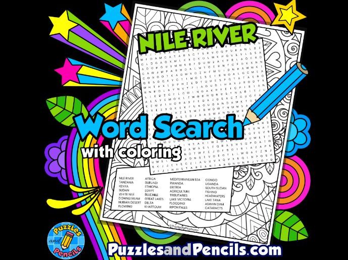 Nile River Word Search Puzzle Activity Page With Colouring Teaching