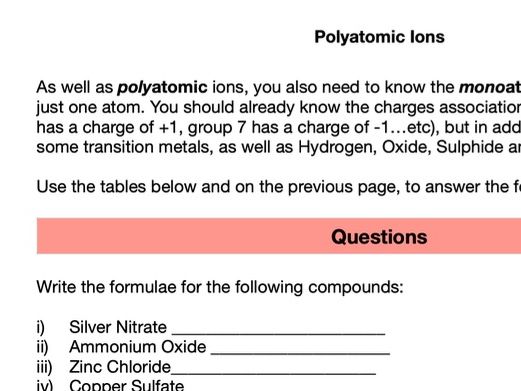 Common Polyatomic Ions Worksheet Short Teaching Resources