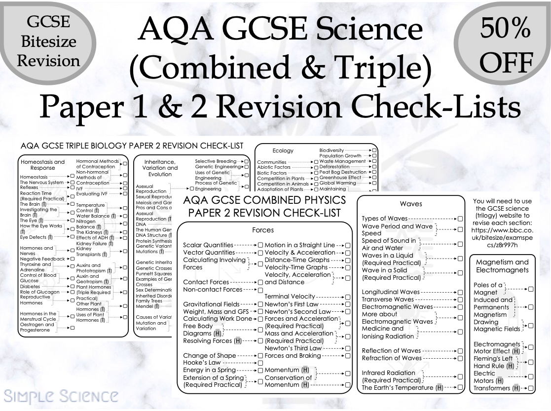 Aqa Gcse Science Paper 1 And 2 Revision Check List Combined And Triple