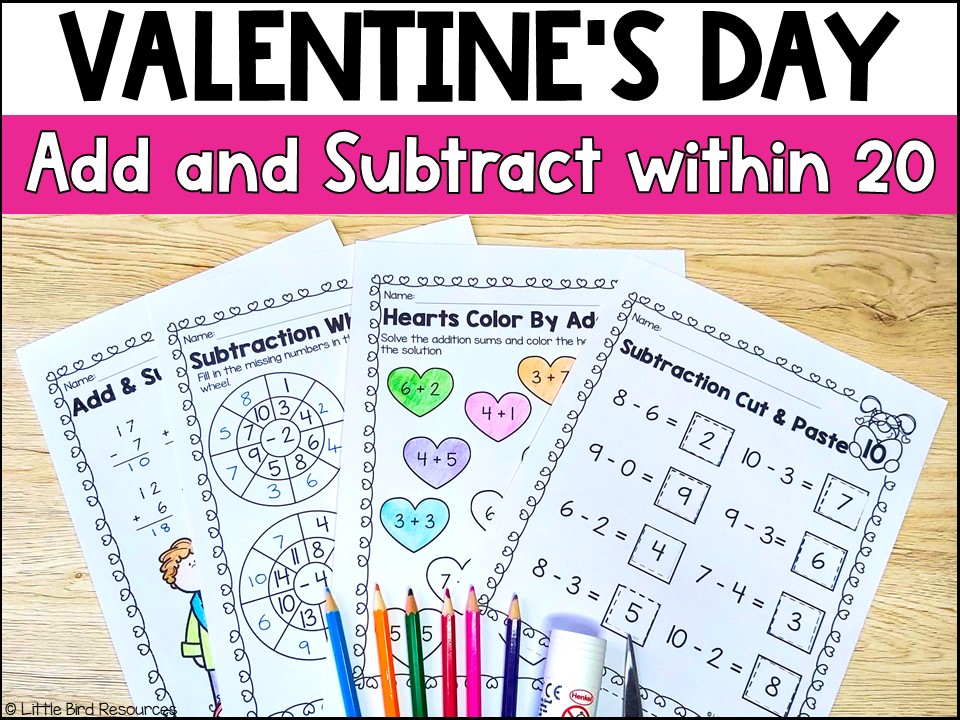 Valentines Day Addition And Subtraction Within 20 Worksheets No Prep