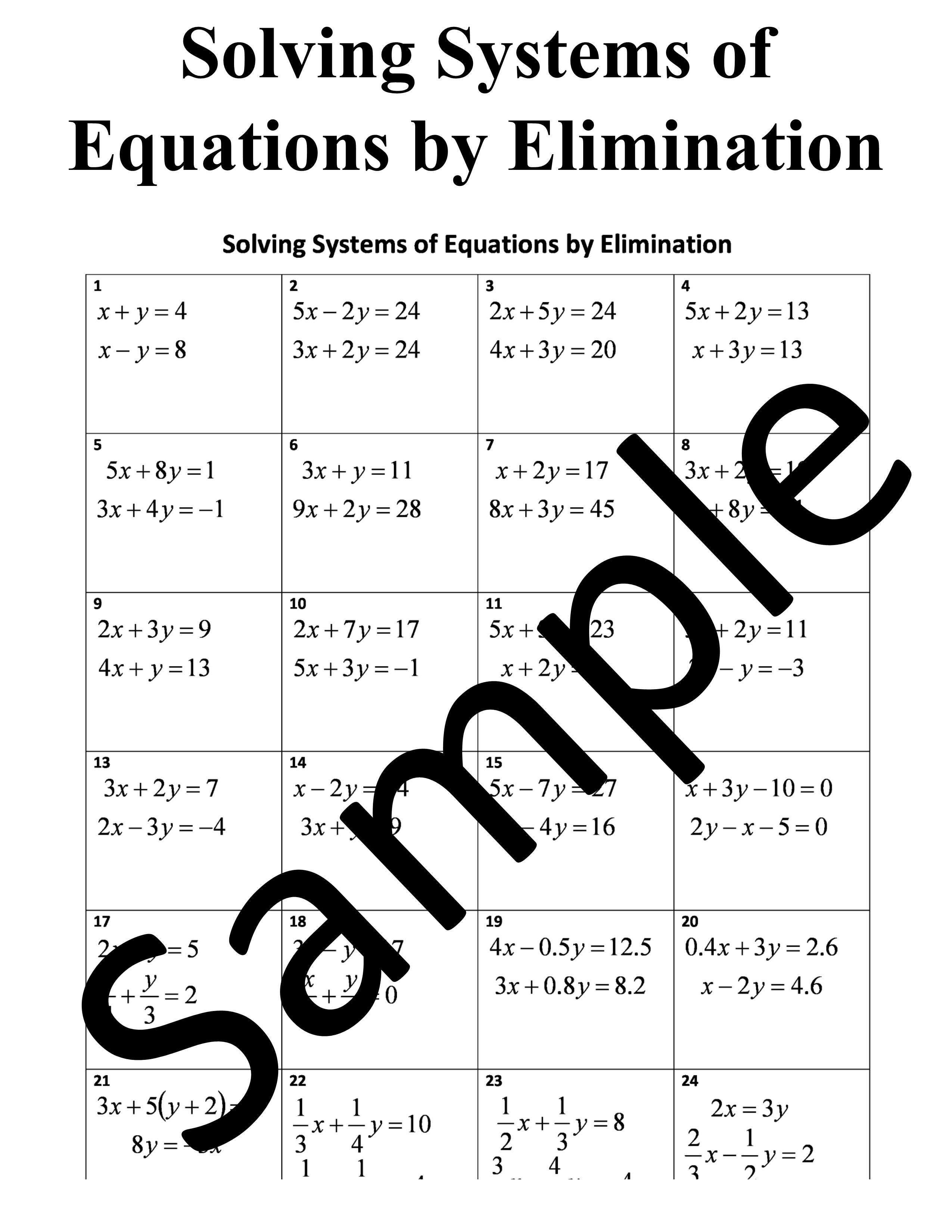 Systems Of Equation Elimination Method Worksheets