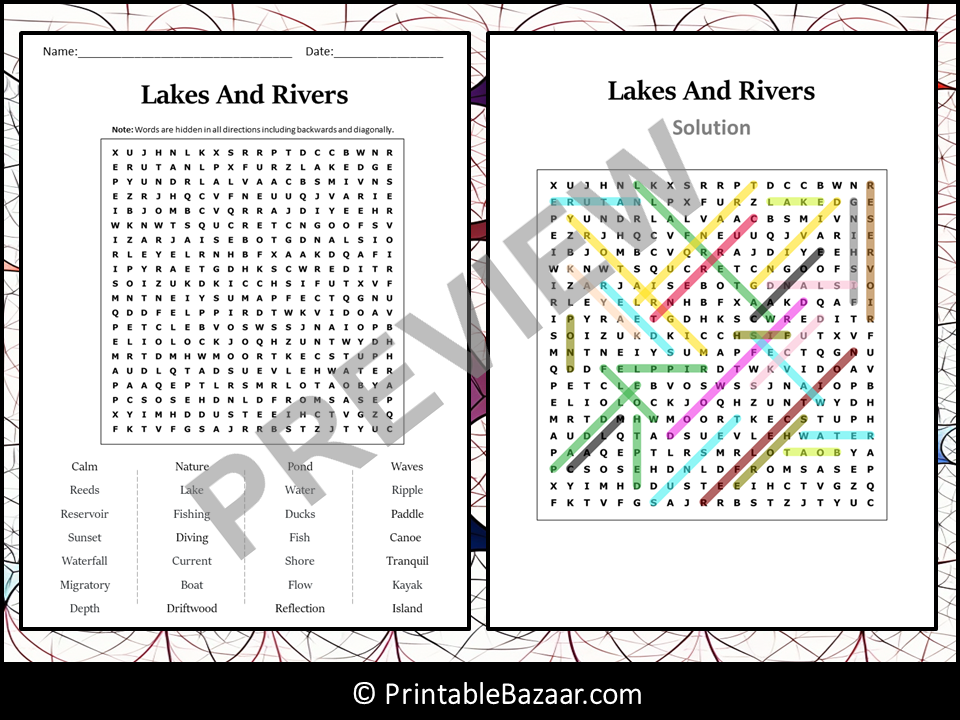 Lakes And Rivers Word Search Puzzle Worksheet Activity Teaching Resources