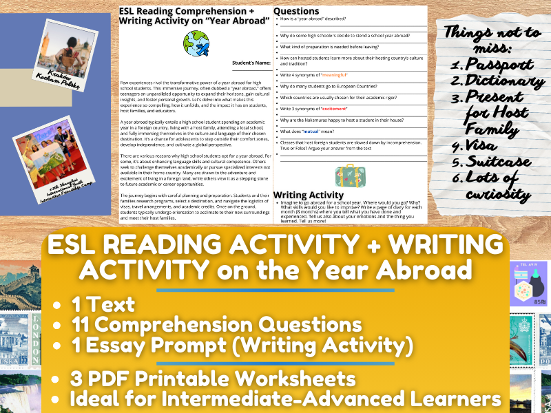 Esl Reading Comprehension Writing Activity Worksheets On Year Abroad