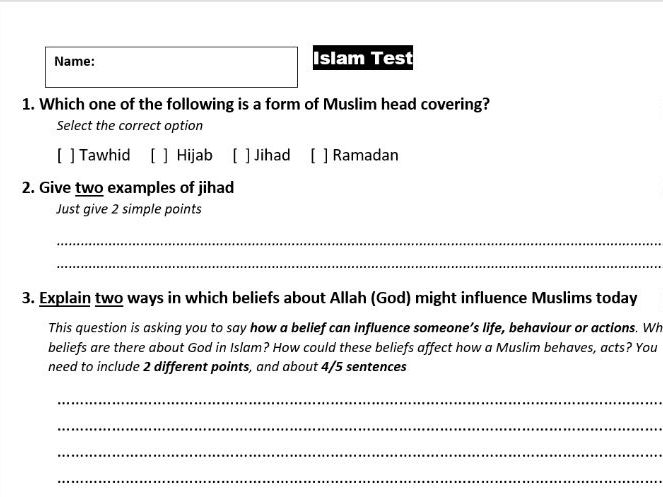 Islam Beliefs Test And Mark Criteria Learning Gcse Skillspart Of Ks3