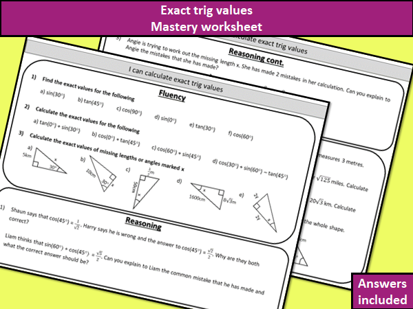 Exact Trig Values Mastery Worksheet Teaching Resources