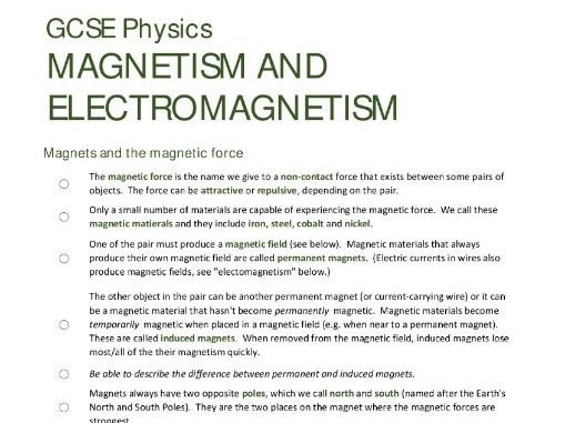 Magnetism And Electromagnetism Unit Summarychecklist For Aqa Gcse