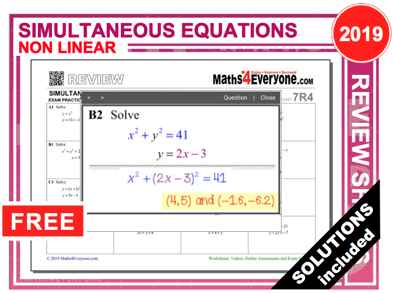 Gcse Revision Simultaneous Equations Non Linear Teaching Resources