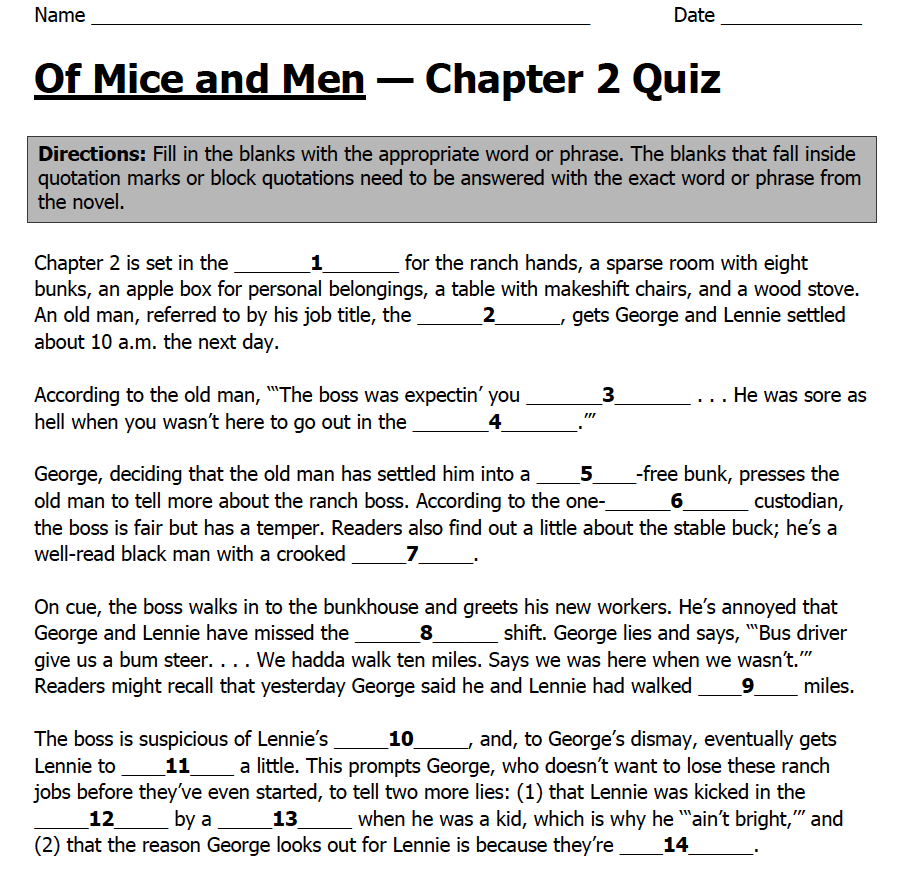 Of Mice And Men Chapter 2 Quiz John Steinbeck Teaching Resources