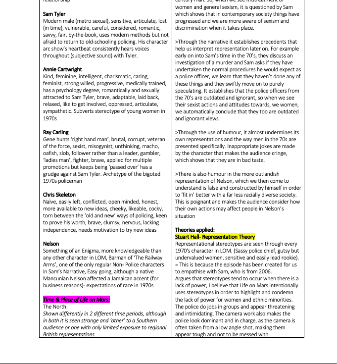 Wjeceduqas A Level Media Tv Life On Mars Representation Notes