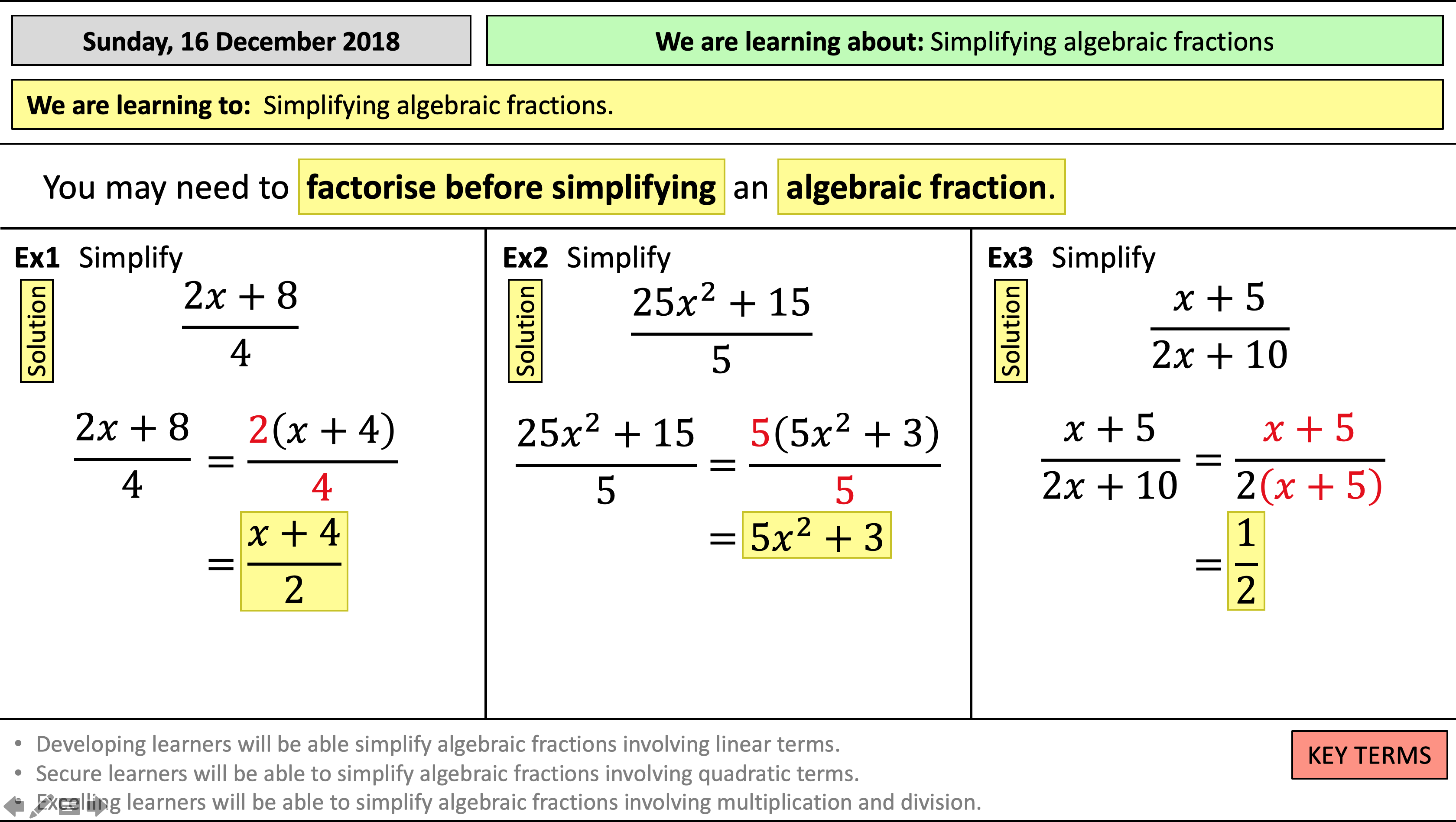 Simplifying Algebraic Fractions Teaching Resources