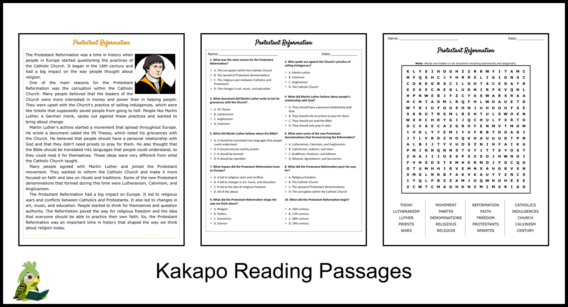 Protestant Reformation Reading Comprehension And Word Search Teaching