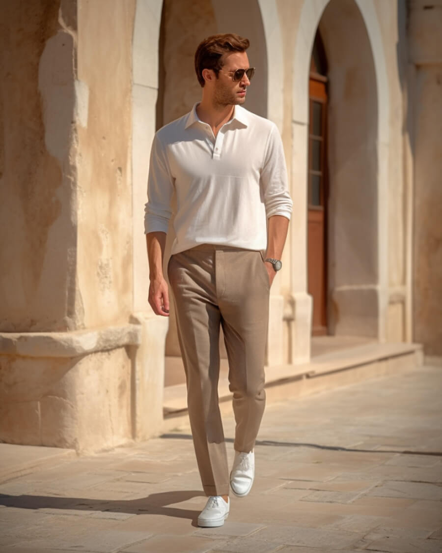 White Long Sleeve Polo Shirt With Beige Pants Hockerty