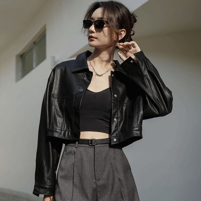 Somui Cropped Faux Leather Jacket Yesstyle